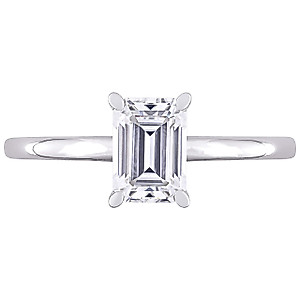 Abbie+Cleo Emerald Shape Created White Moissanite Gemstone Solitaire Statement Ring in Rhodium Flash Plated Sterling Silver, Size 6