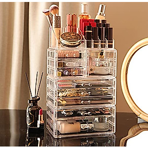 Cq acrylic Makeup Organizer Skin Care Large Clear Cosmetic Display Cases Stackable Storage Box With 9 Drawers For Vanity,Set of 4