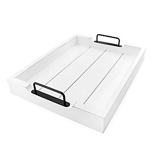 AuldHome Rustic Wood Serving Tray; White Wooden Farmhouse Shiplap Decorative Ottoman Tray with Black Metal Handles, 17 x 13 Inches