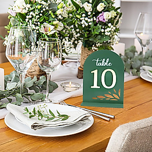 10 Pcs Wedding Table Number Wooden Arch Wedding Reception Number Centerpiece Set 5" X 7" Tables Number Sign with Wooden Base Rustic Country Wedding Olive Green Wedding Party Decor