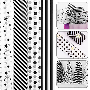 120 Sheets Black and White Tissue Paper Bulk,Black and White Tissue Paper for Gift Bags,White Tissue Paper with Black Star Stripes Polka Dots Pattern,14 x 20 Inch