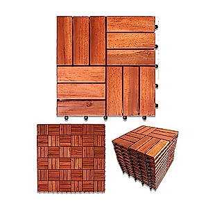 CLOVERHOLM Interlocking Deck Tiles 12x12 inches, 10PCS Waterproof Acacia Wood Patio Tiles, Easy Snap Flooring Tiles for Indoor and Outdoor,Balcony, Entry, Poolside Tiles (Tiles-Teak-P9)