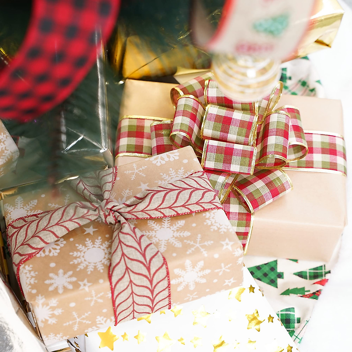 MEEDEE Burlap Wired Ribbon 2.5 Inch 6 Rolls 36 Yards Buffalo Plaid Ribbon for Wreaths, Tree Decorations, Ribbon Garland