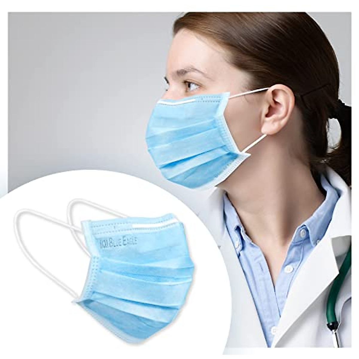 3-PLY BlueEagle Individually Wrapped Disposable Adult Face Masks | Fit for Large Face | with Soft Comfortable Inner Layer | For Men and Women | Blue Color - 50 Pcs (Sky Blue)