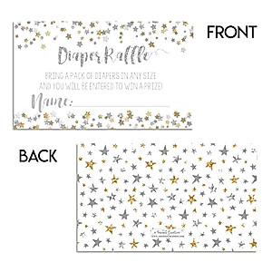 Amanda Creation Gold & Silver Twinkle Little Star Gender Neutral Diaper Raffle Tickets for Baby Showers, 20 2" X 3” Double Sided Inserts, Bring a Pack of Diapers to Win Favors & Prize