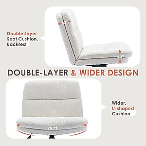 COLAMY Criss Cross Chair-Cross Legged Office Chair No Wheels, Armless Wide Office Desk Chair, Sherpa Swivel Vanity Chair with Bouble-Layer Cushion for Makeup, Small Space, Home-Cream