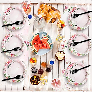 gisgfim 48 Pcs Floral Paper Plates 7" Pink Girls’ Birthday Party Disposable Dessert Plates Supplies Decorations Tea Party Plates Tableware for Wedding Baby Shower