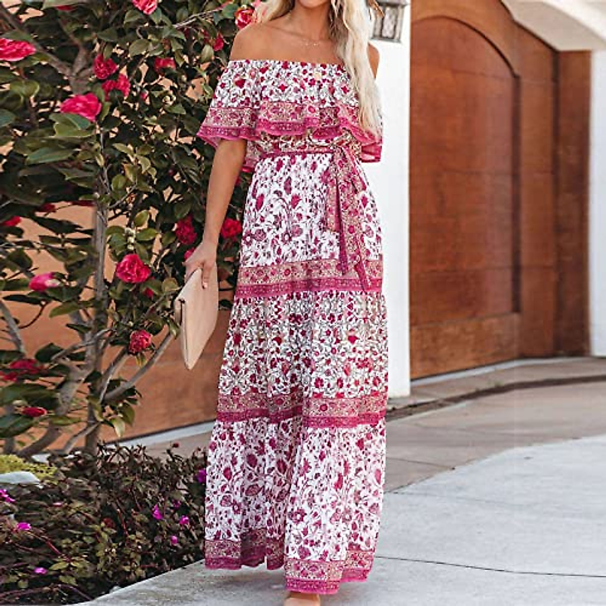 Beach Wedding Guest Dresses for Women Bohemian Maxi Long Dresses Trendy 2023 Elegant Off Shoulder Dress Summer Floral Print Flowy Ruffle Sundress Girls