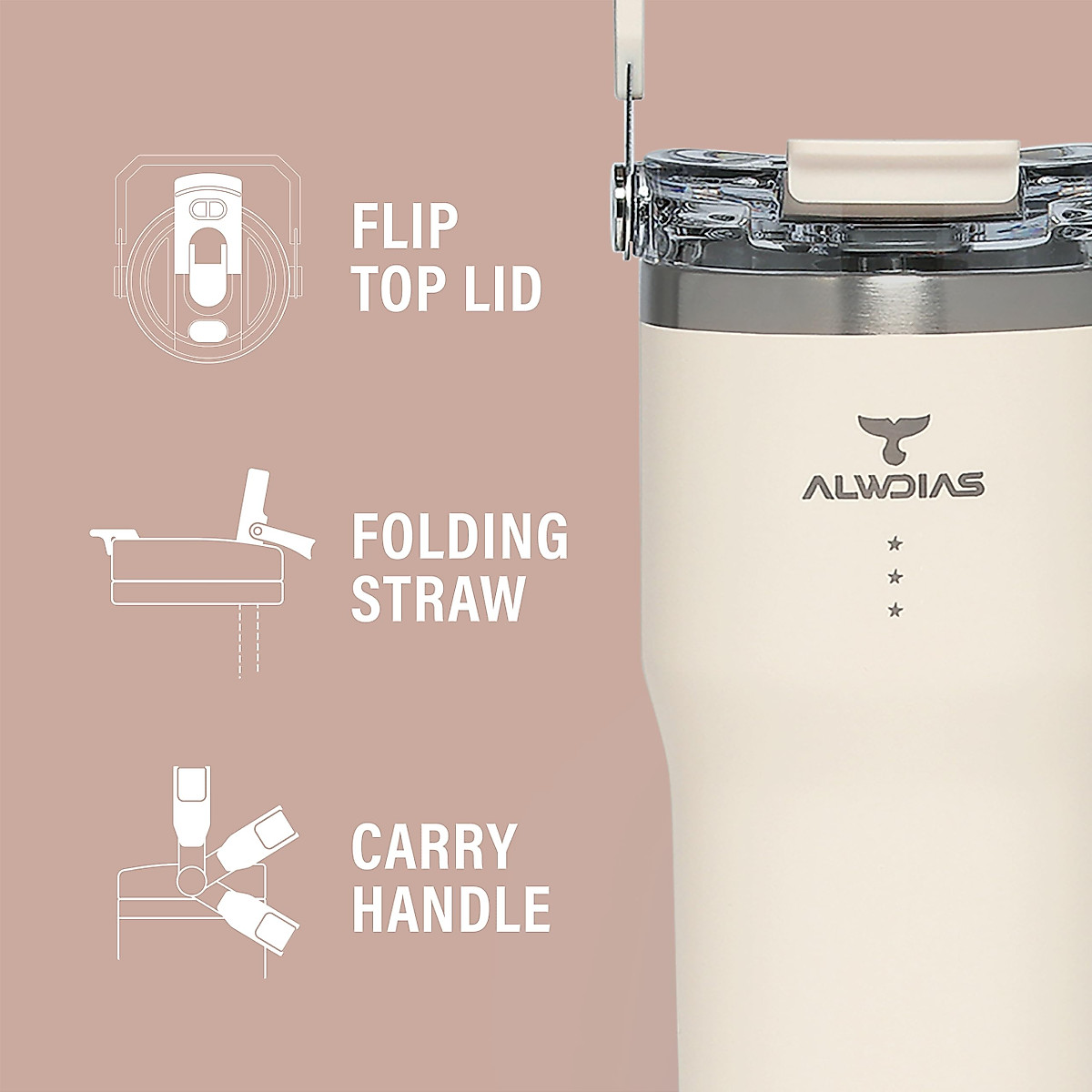 ALWDIAS Samsta Stainless Steel Tumbler with Handle and Straw | Leakproof Vacuum Insulated Water Bottle | Keep Cold 24H | Cup Holder Friendly Double Walled Travel Mug | 20 oz, White Cream