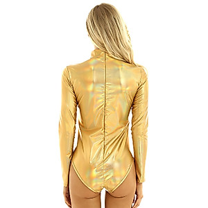 ACSUSS Womens Shiny Leather Long Sleeve Mock Neck Gymnastic Dance Leotard Bodysuit Clubwear Gold Large