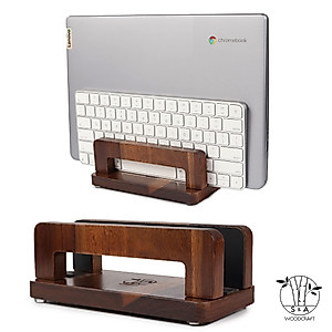 S&A WOODCRAFT Brown Acacia Wood Vertical Laptop Stand, Adjustable Wooden Laptop Holder, Non-Slip Laptop Dock Compatible with Apple MacBook, Microsoft Surface, Gaming Laptops, IPad, Tablets