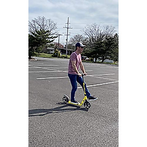 Bee Free 2 Wheel Kick Scooter for Adults and Teens, Adjustable Handlebars, Premium Durable Aluminum Construction, Foldable, Rear Foot Brake and Anti-Shock Suspension, Ages 12+, Up to 200 LBS, Yellow