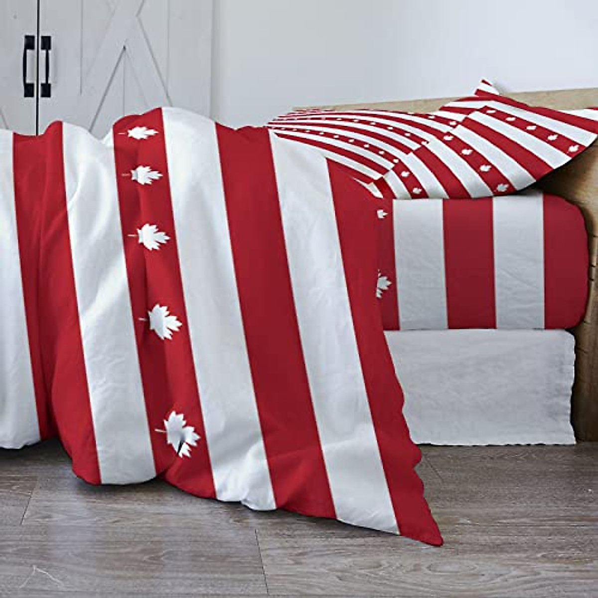 Queen Comforter Covers Sets Happy Canada Day 4 Piece Duvet Cover Set Lightweight Microfiber Soft Bedding Set for Adult Teen, Red Striped Maple Leaves