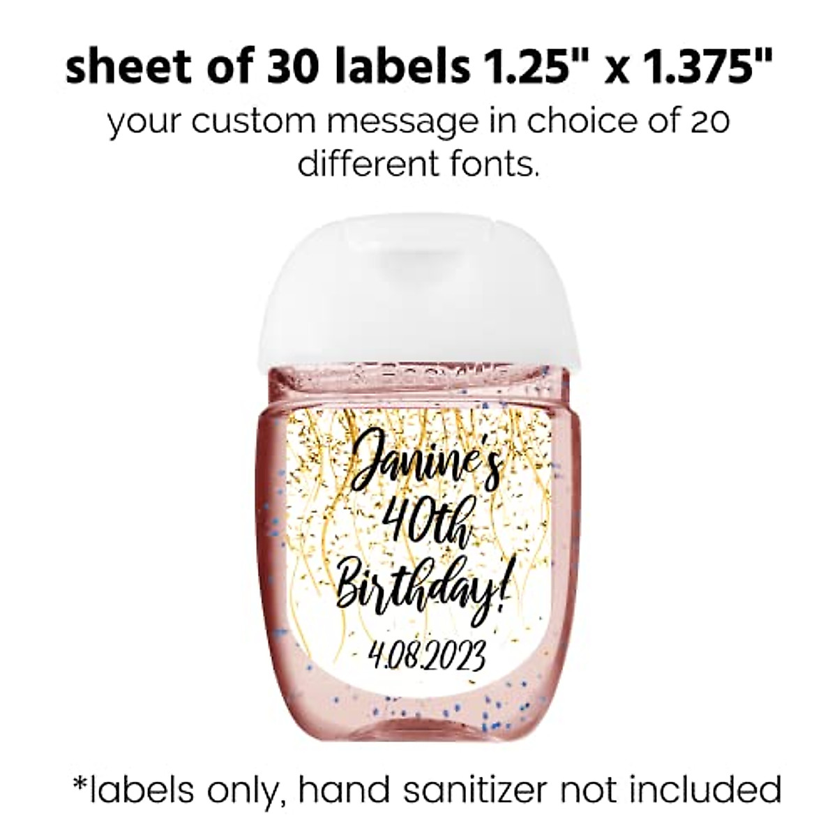 Sheet of 30 Custom Hand Sanitizer Labels | Party Favor Stickers (Gold Confetti)
