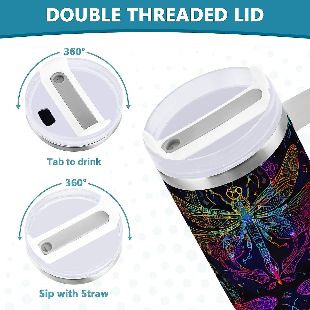 Emelivor Boho Dragonflies 40 oz Tumbler with Lid and Straw Insulated Tumblers with Handle Thermal Stainless Travel Coffee Mug Cup Water Bottle Fits in Car Cup Holder