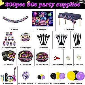 HJINGY 90s Party Decorations 80's 90's Theme Party Bundle includes Inflatable Gitar&Mobile Phone, Back To The 90's Banner, Tablecloth, Cake Toppers, Plates, Napkins, Hip-Hop Backdrop