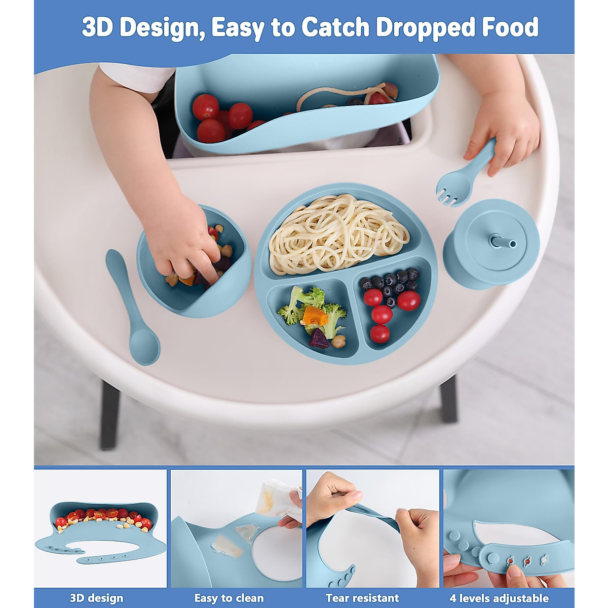 ECLIP Silicone Baby Feeding Set, 10 Pcs Baby Led Weaning Supplies with Suction Bowl Divided Plate Adjustable Bib Soft Spoon Fork Snack Cup with Lid Drinking Cup, Utensil (Blue)