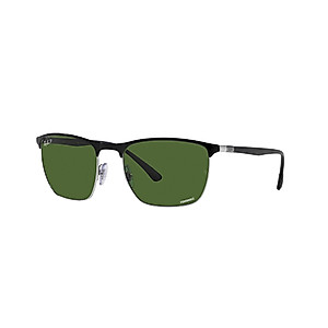 Ray-Ban RB3686 Square Sunglasses, Black On Silver/Polarized Dark Green, 57 mm