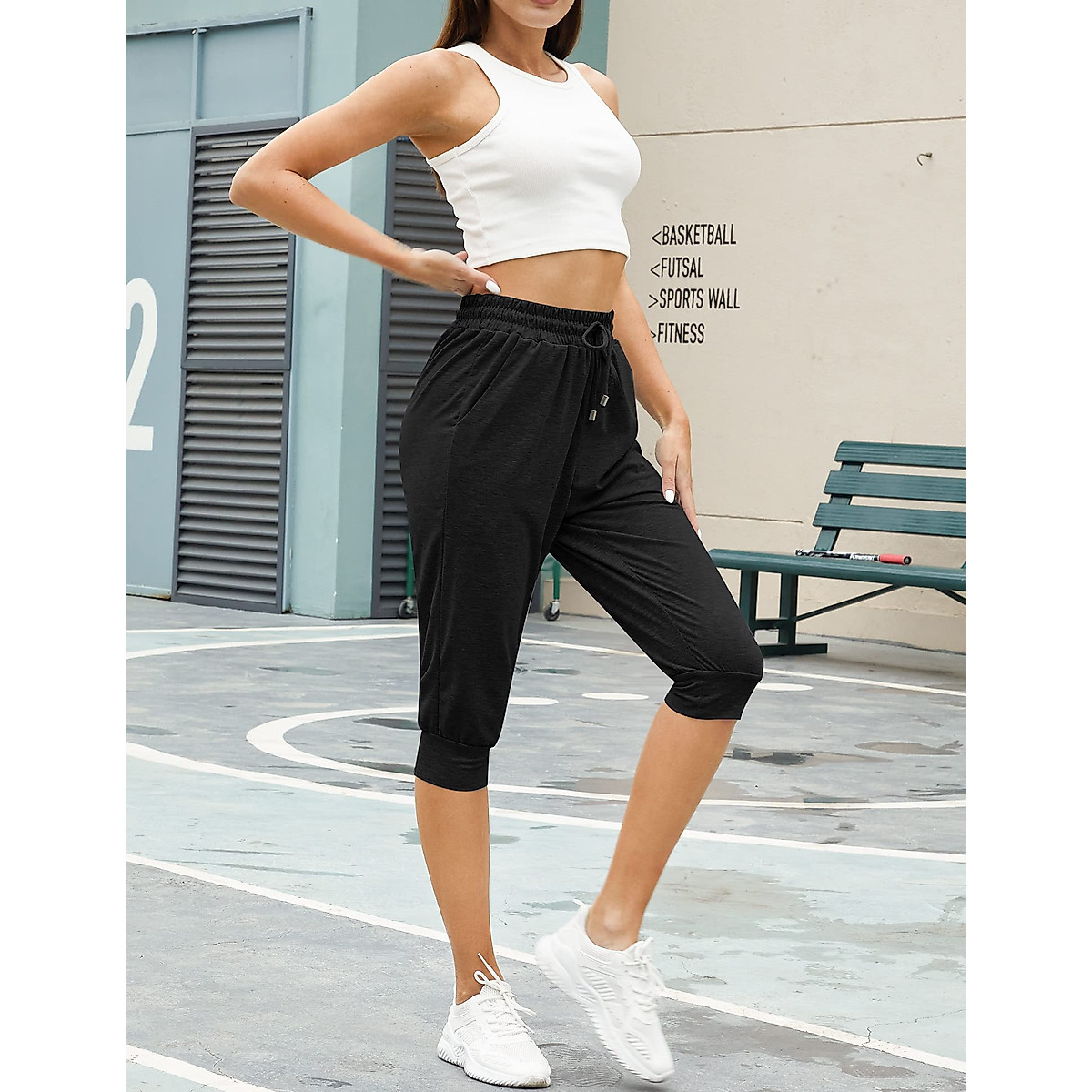 Syhood 2 Pack Women Capri Sweatpants Women's Drawstring Capris Casual Cropped Jogger Pants with Pockets (Black, Burgundy, XX-Large)