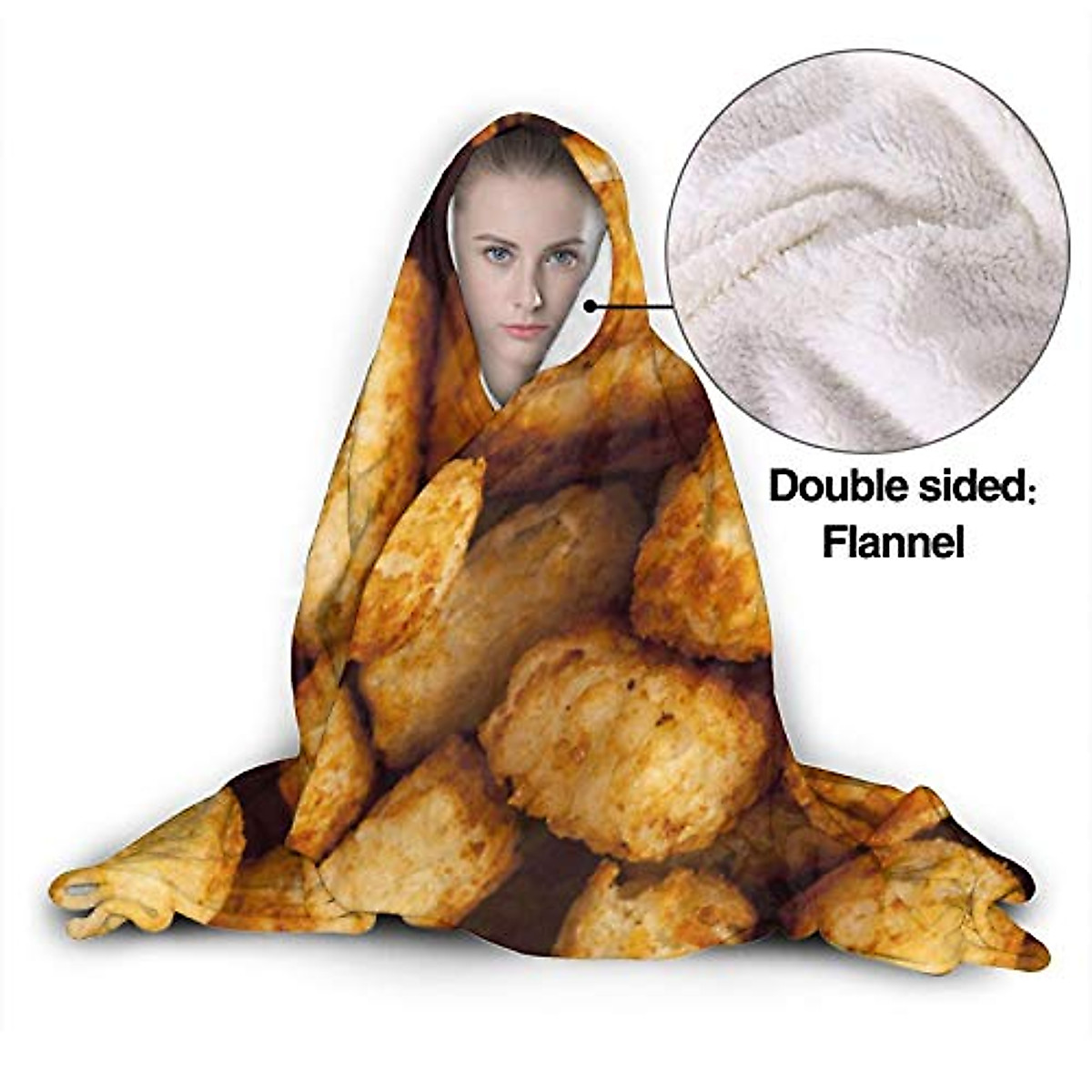 Golden Potato Tater Tots Hooded Blanket Ultra Soft Wearable Throw Blanket Coral Fleece Blanket Hoodie Cloak for Sofa Lounge Bed Napping Large 80x60In （Queen） Adults