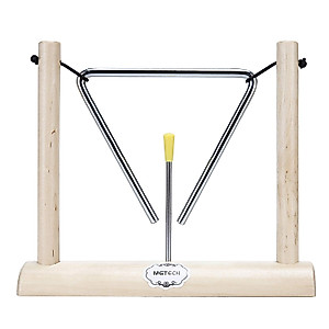 Musical Steel Triangle Percussion Instrument with Striker and Wooden Stand for Kids, Teachers' Classroom Reminder Bell
