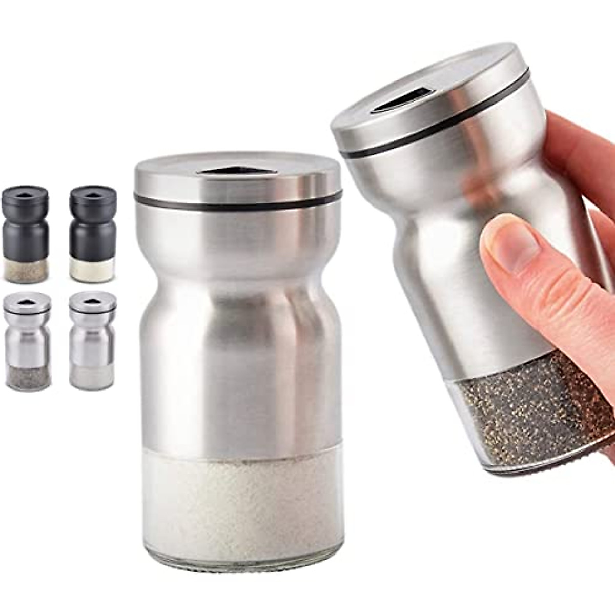 HOME EC Glass Salt and Pepper Shakers Set with Adjustable Pour Holes - Stainless Steel Salt Shaker and Pepper Shaker - Farmhouse Salt and Pepper Shaker Set for Himalayan, Kosher Sea Salts & Spices