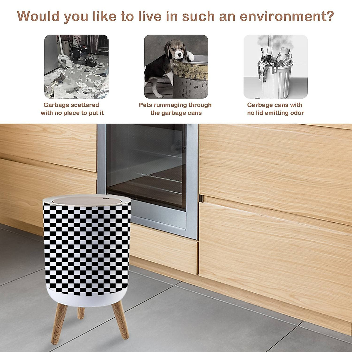 IKFLWJUTFW Small Trash Can with Lid Black and White Checkered Seamless Stock 7 Liter Round Garbage Can Elasticity Press Cover Lid Wastebasket for Kitchen Bathroom Office 1.8 Gallon