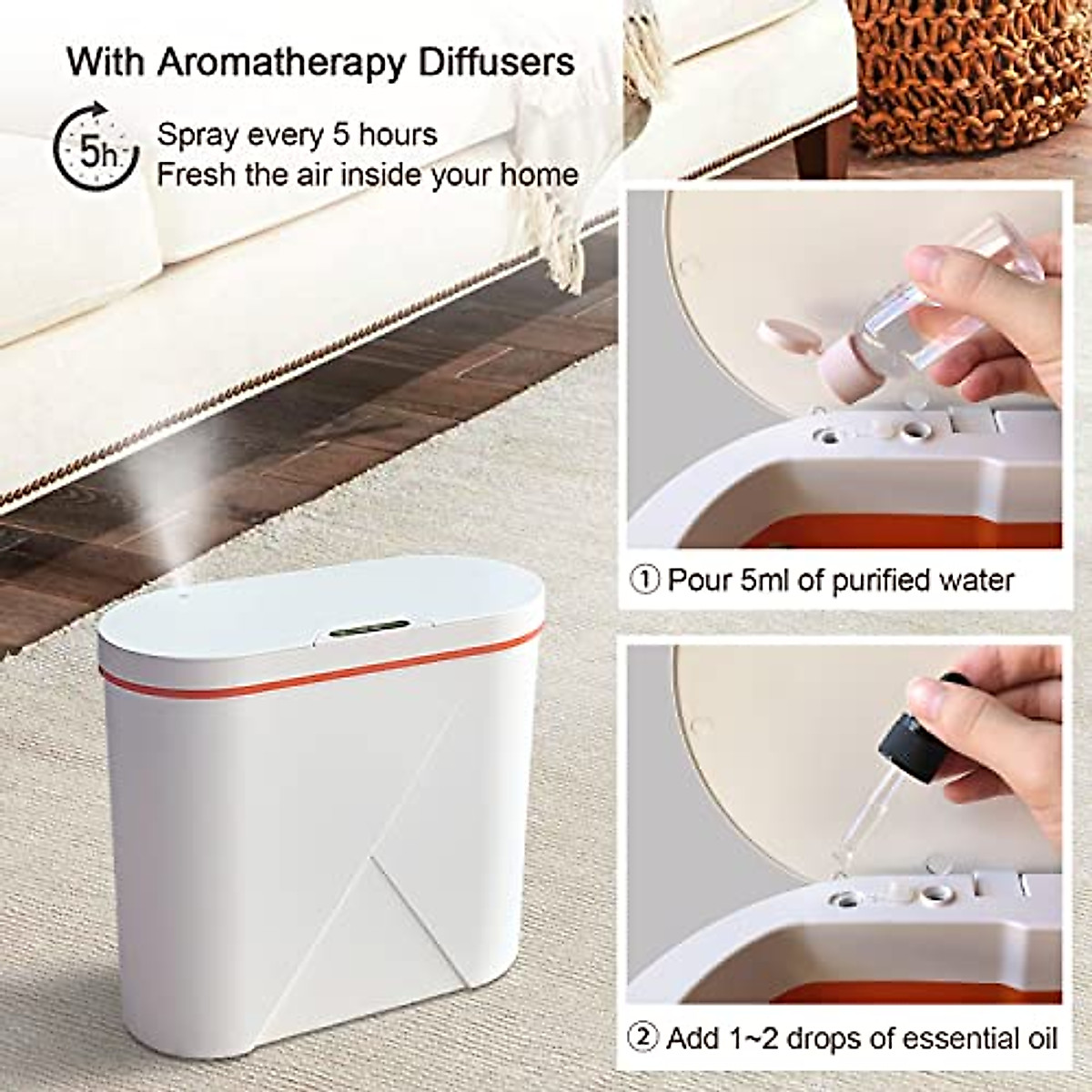 aDeerElf Automatic Trash Can with Essential Oil Diffuser,4 Gallon Bathroom Trash cans with lid,Touchless Trash Can Bedroom,Small Smart Trash Can Motion Sensor,Slim Garbage