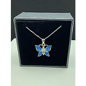 SILVERCLOSEOUT Rhodium Plated Sterling Silver Womens Created Blue Opal Butterfly Charm Necklace