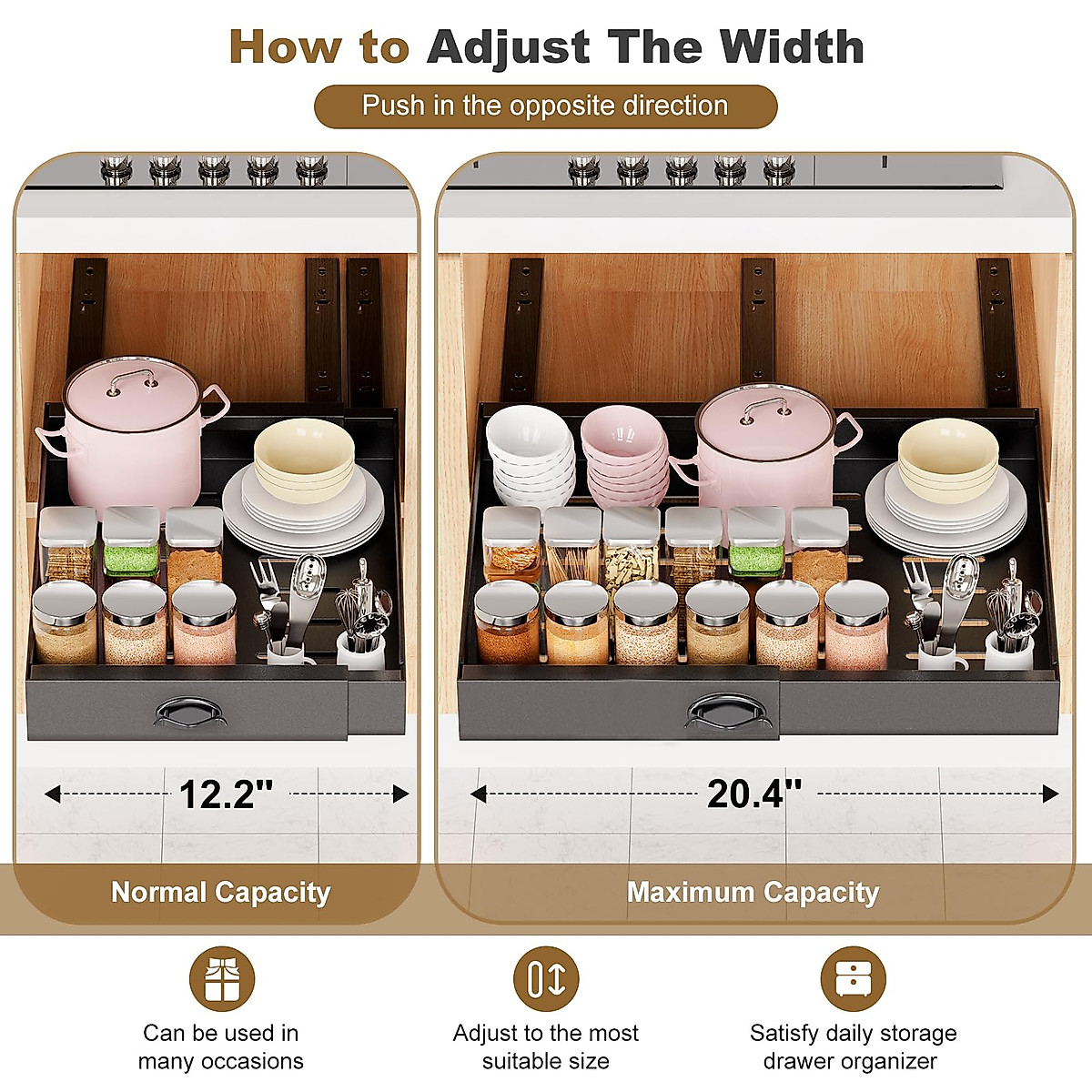 DOUNIWAN Pull Out Cabinet Organizer, Heavy Duty Slide Out Drawers,Expandable (14.4'' to 20.4'') Fixed With Adhesive Nano Film for Pots, Roll out Shelf Storage Kitchen,Pantry,Bathroom Storage