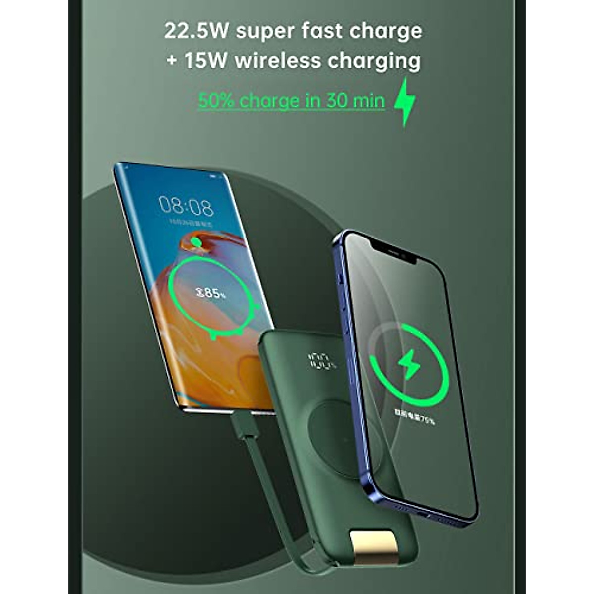 Wireless Portable Charger Fast Charging, Power Bank with Built in Cable, 10000mAh Ultra Slim Mobile Power Bank, Six Output & Dual Input External Battery Pack Compatible with iPhone, Android etc