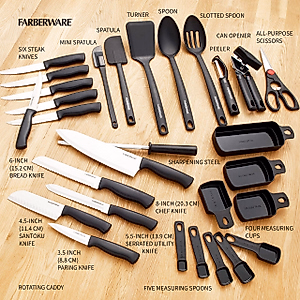 Farberware 30-Piece Spin-and-Store Knife and Kitchen Tool Set with Rotating Storage Caddy, High Carbon-Stainless Steel Kitchen Knives, Razor-Sharp Knife Set, Black