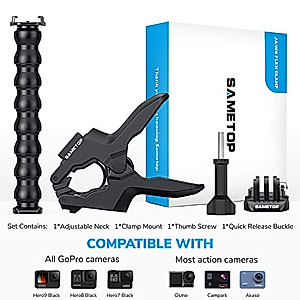 Sametop Jaws Flex Clamp Mount with Adjustable Gooseneck Compatible with GoPro Hero 11, 10, 9, 8, 7, 6, 5, 4, Session, 3+, 3, 2, 1, Max, Hero (2018), Fusion, DJI Osmo Action Cameras