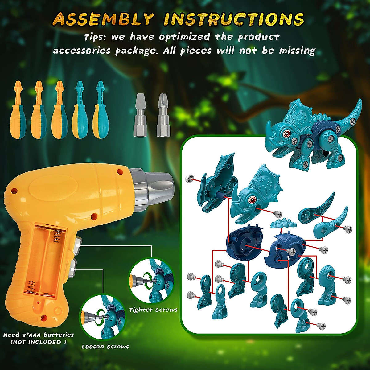 Teiiluve (5 Pack) Dinosaur Toys for Kids 3, 4, 5, 6, 7 8 - Kids Toys with Electric Drill - Stem Learning Construction Building Toys - Party Birthday Gifts for Kids Boys Girls