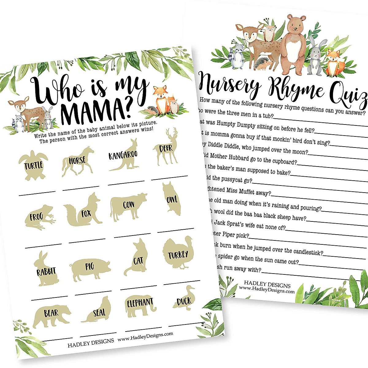25 Woodland Word Scramble For Baby Shower, 25 True Or False Game, 25 Baby Animal Matching, 25 Nursery Rhyme Game - 4 Double Sided Cards Baby Shower Ideas, Baby Shower Party Supplies