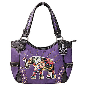 HW Collection Large Elephant Purse Women Embroidered Western Handbag and Wallet Set (Purple)