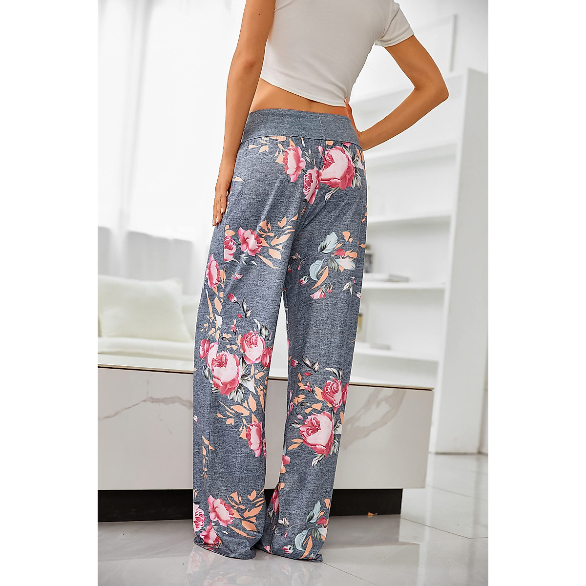 X-Image Women's Fold Over High Waist Wide Leg Long Palazzo Pants Light Grey, Medium