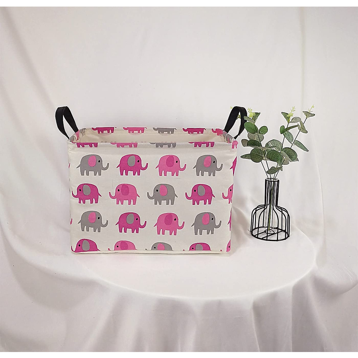 HUAYEE Elephant Print Rectangular Storage Bin Shelf Basket Canvas Fabric Toy Box,Waterproof Coating Nursery Hamper with Handles,Gift Basket for Home,Office,Clothes,Books(pink grey elephant)
