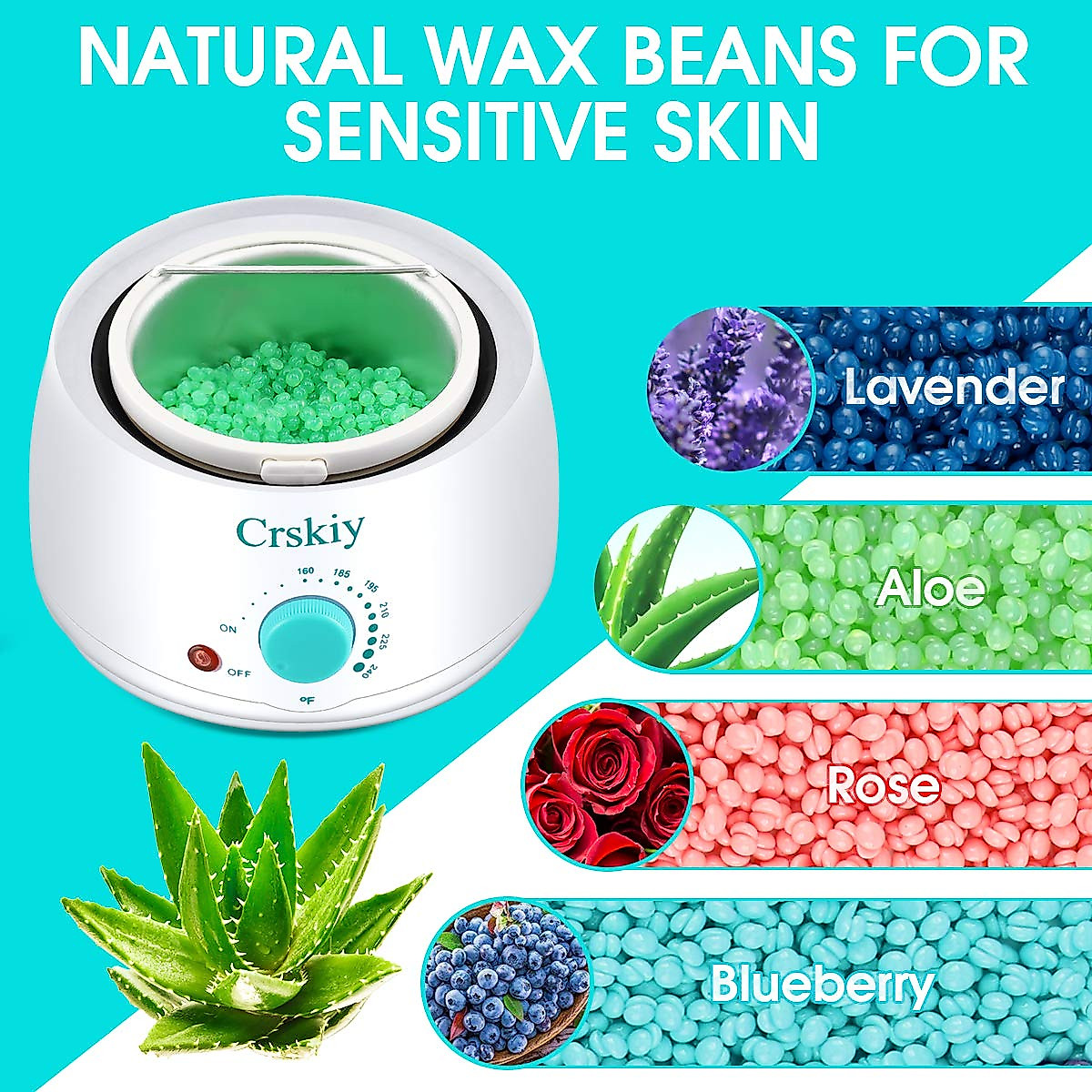 Crskiy Wax Warmer Hair Removal Kit for Women and Men with 4 Flavors Hard Wax Beans (14.1oz), Multiple Formulas for Coarse Hair, Eyebrow, Armpit, Bikini, and Brazilian Waxing
