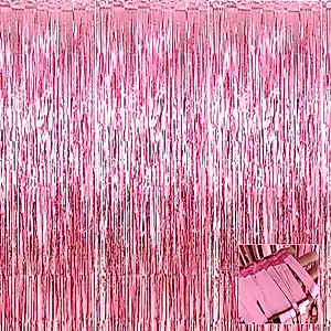 HalloweenDecorate 4 Pack Pink Foil Fringe Curtain Backdrop, 3.28Ft x 6.56Ft Metallic Tinsel Foil Fringe Streamers Curtains for Party, Photo Booth Props, Birthday, 2022 Graduation Decoration Supplies