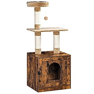 HOOBRO Litter Box Enclosure with Cat Tree Tower, Hidden Cat Washroom with Scratching Post and Soft Plush Perch, Wooden Cat Furniture, Indoor Pet Cabinet with Multiple Platforms, Rustic Brown BF12MW03