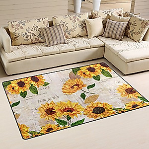 Yochoice Non-Slip Area Rugs Home Decor, Vintage Yellow Watercolor Sunflower Floral Floor Mat Living Room Bedroom Carpets Doormats 31 x 20 inches