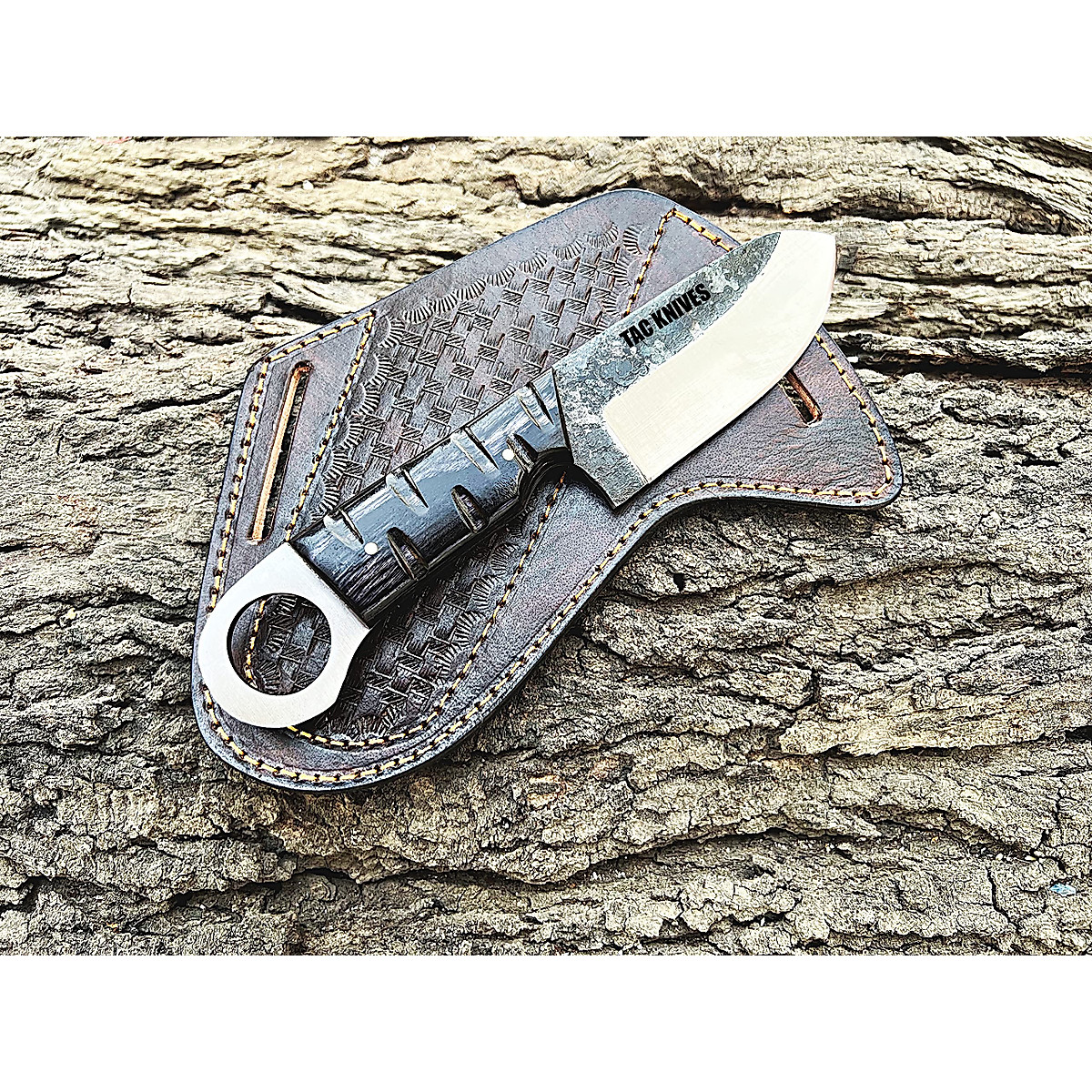 TAC KNIVES 7'' Full Tang Fixed Blade Outdoor Camping Hunting Knife In Sheath Gift For Him | 1095 High Carbon Steel Knife | Bushcraft Survival Knife Gift | Cowboy knives | Pancake leather sheath (BLACK)