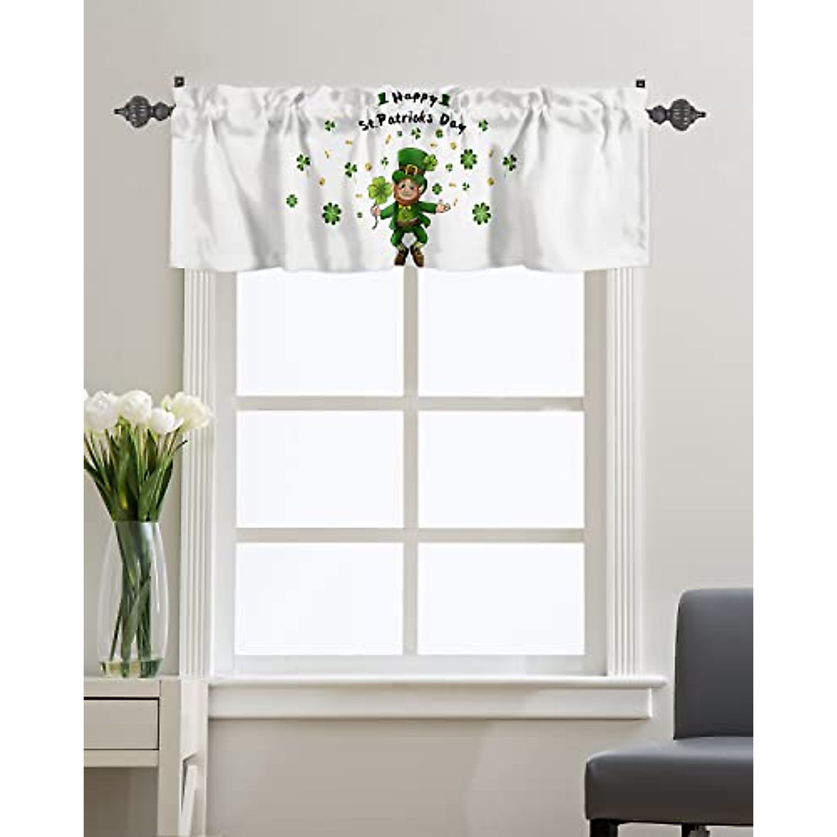 Kakmok Window Valance for Kitchen Cafe,St. Patrick's Day Leprechaun Shamrock Gold White Rod Pocket Drape Privacy Curtain,Lucky Leaf Short Curtains for Bathroom/Living Room/Bedroom Windows Decor