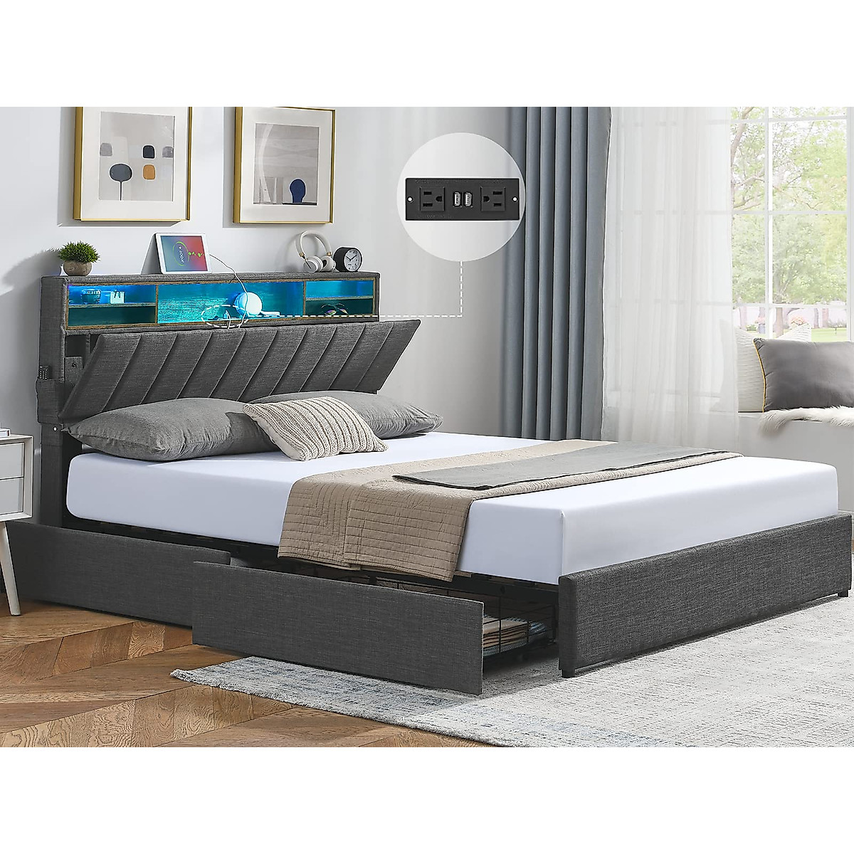 Queen Bed Frame with Tall Bookcase Headboard and Charging Station, LED Bed Frame with 2 Storage Drawers, Upholstered Mattress Foundation with Wooden Slats Support, No Box Spring Needed,Dark Grey