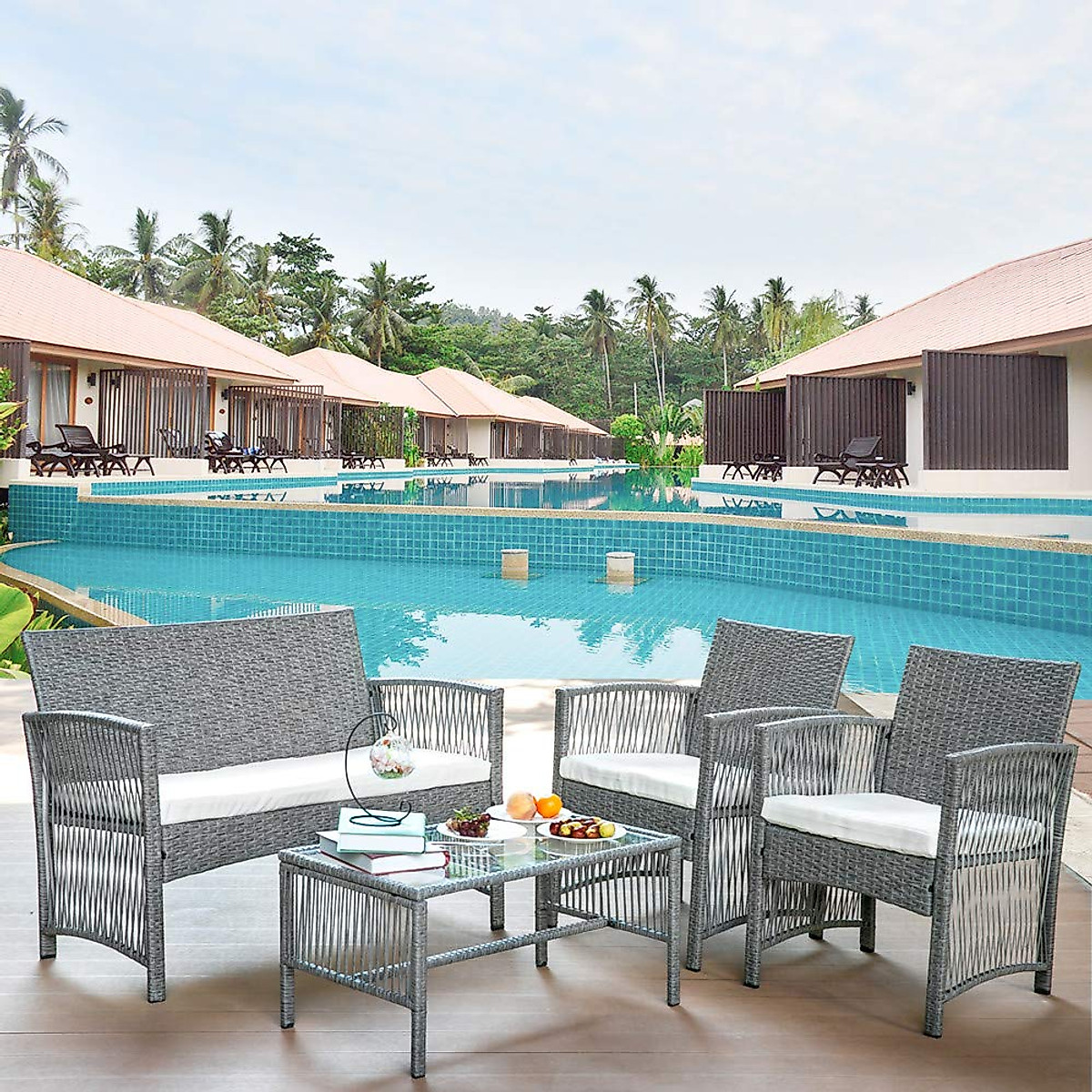 YYAO 4 PCs Outdoor Patio Rattan Furniture Conversation Sets PE Wicker Rattan Sofa Chair Cushioned Seat Furniture Set,Coffee Table with Tempered Glass Tabletop - Gray