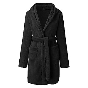 Fuzzy Robe for Women Mid Length Bathrobe Belted Solid Color Plush Kimono Robe with Pockets Soft Winter Spa Robes Black