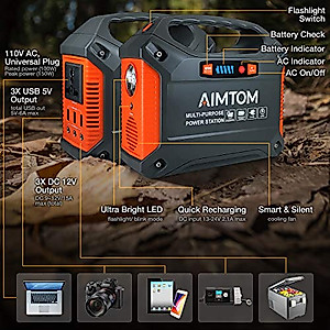 AIMTOM 42000mAh 155Wh Power Station, Emergency Backup Power Supply with Flashlights (Solar Panel Optional), for Camping, Home, CPAP, Travel, Outdoor (110V/ 100W AC Outlet, 3X 12V DC, 3X USB Output)