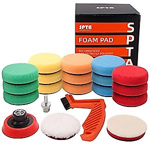 SPTA Drill Polishing Pads Kit, 20pcs 3inch (80mm) Car Foam Polishing Buffing Pads, Wool Pads, Multifunctional Cleaning Brush, Backing Plate for Car Polisher Polishing,Buffing and Cutting
