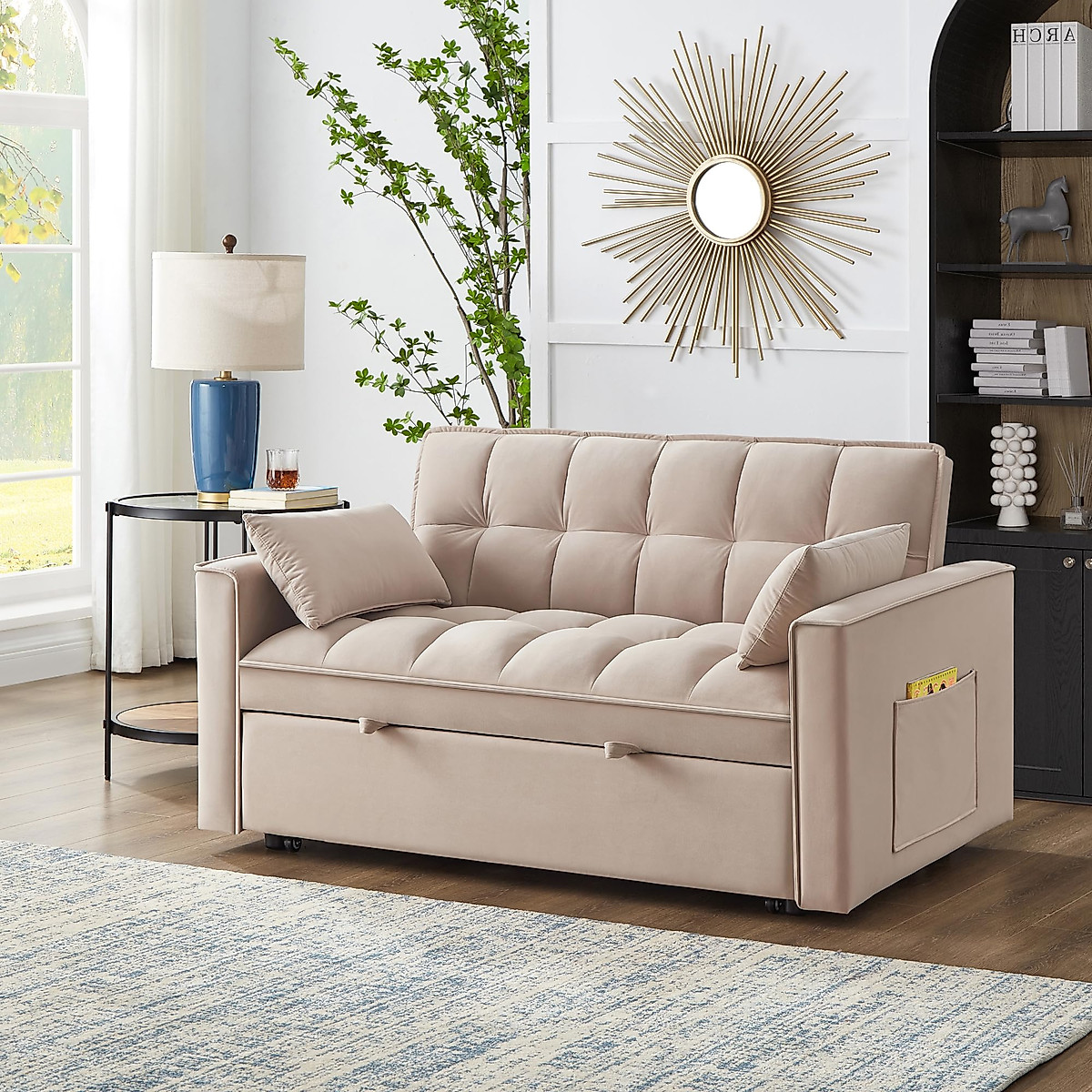 Velvet Sleeper Sofa Couch Bed, 4 in 1 Small Modern Convertible Loveseat Futon Sofa with Pullout Bed and Adjustable Backrest for Small Space Living Room Apartment Office Studio Lounge Reading Taupe